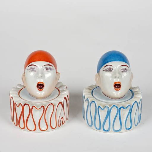 Pair Pierrot Porcelain Inkwells By Becquerel