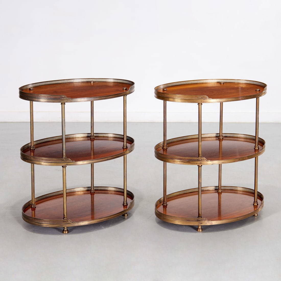 Pair Regency Style Brass, Mahogany 3-tier Tables Auction