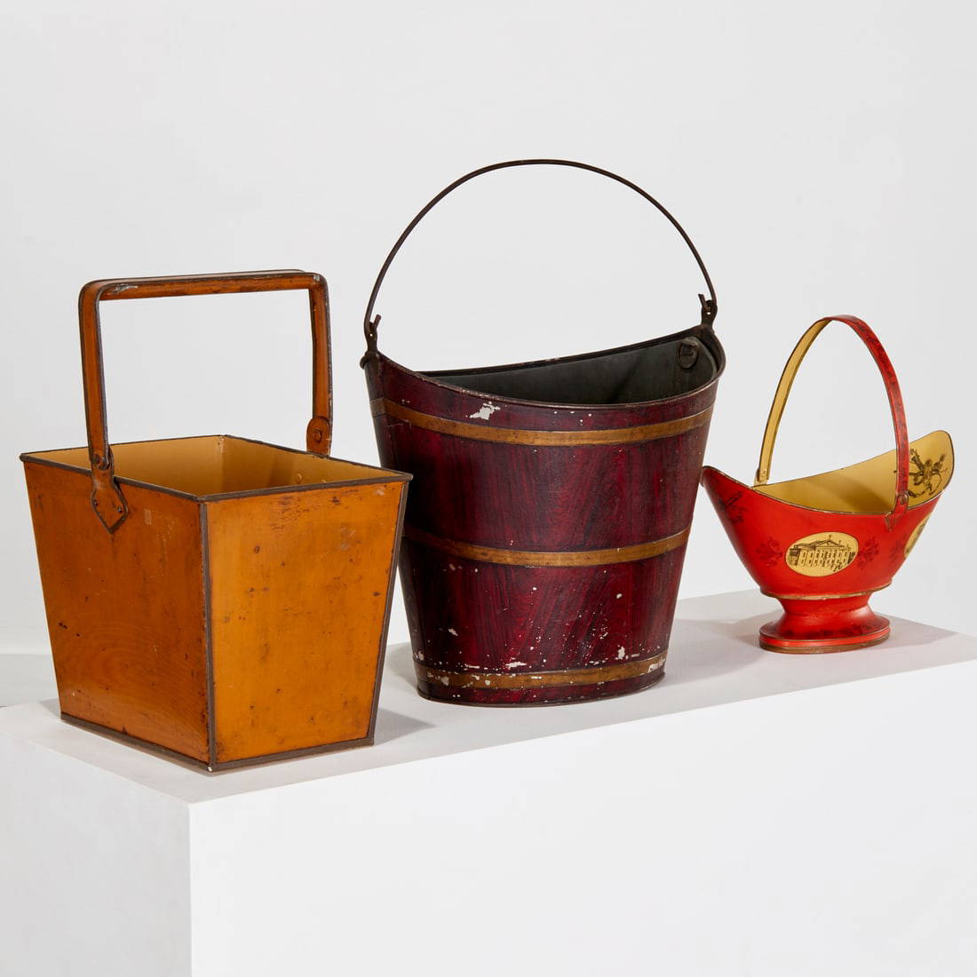 (3) Antique English Toleware Pails Auction