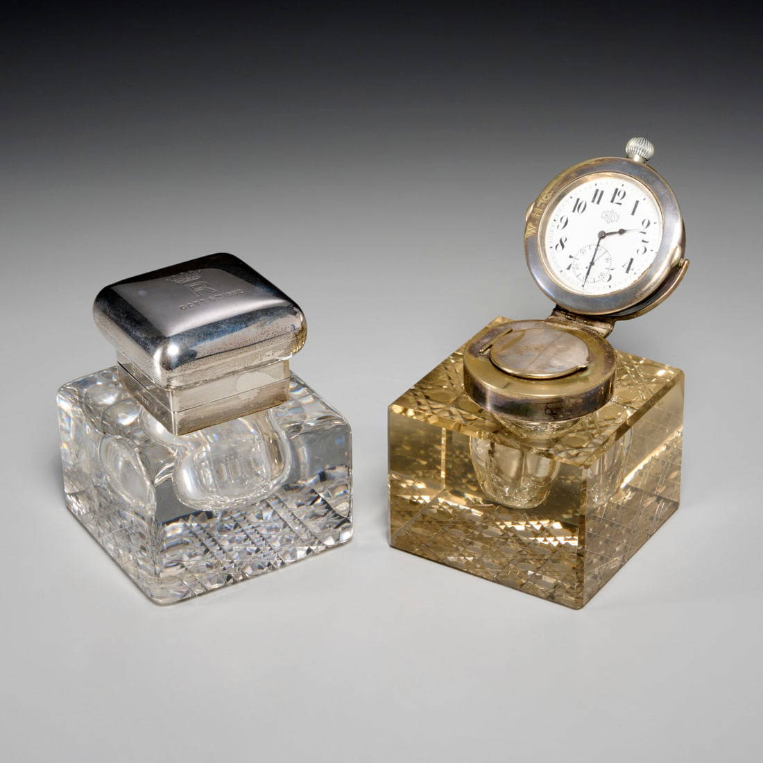 (2) English Silver Mounted Inkwells, Incl. Cross Auction