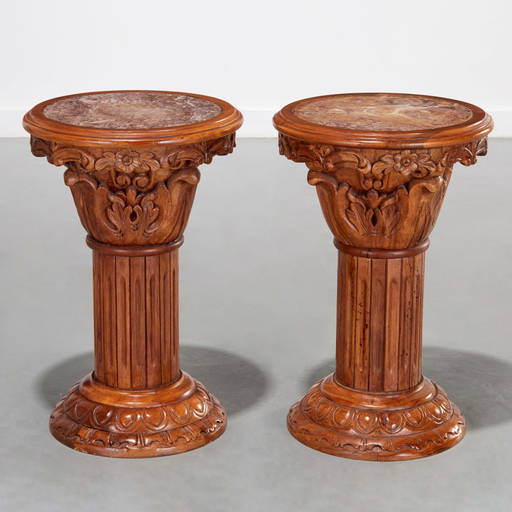Pair Corinthian Column Carved Walnut Side Tables