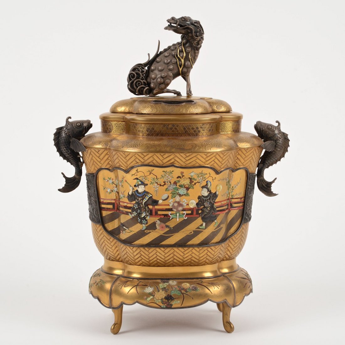 Fine Japanese silver mounted Shibayama lacquer koro
