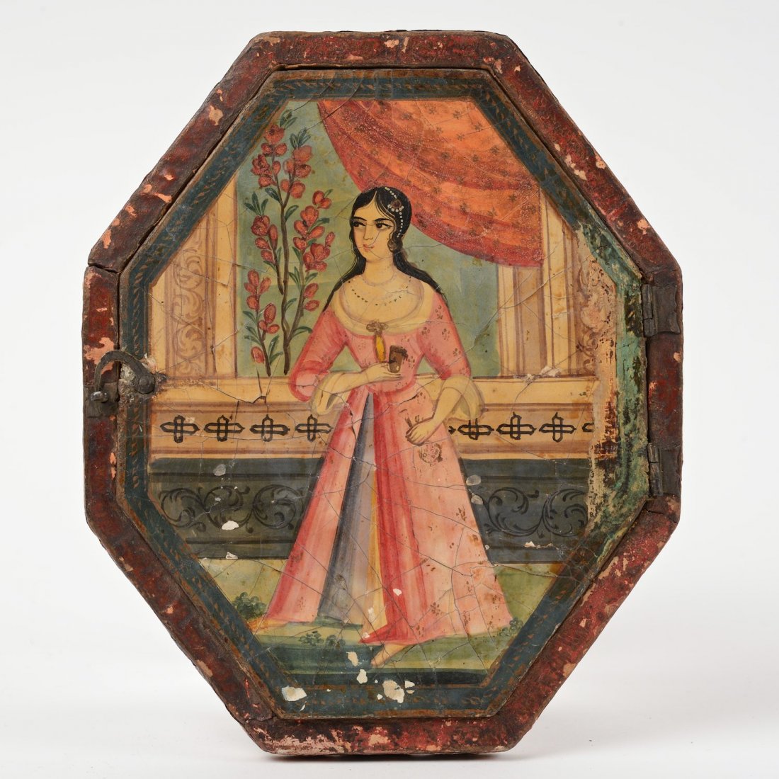 Persian Qajar lacquer cased polygonal hand mirror