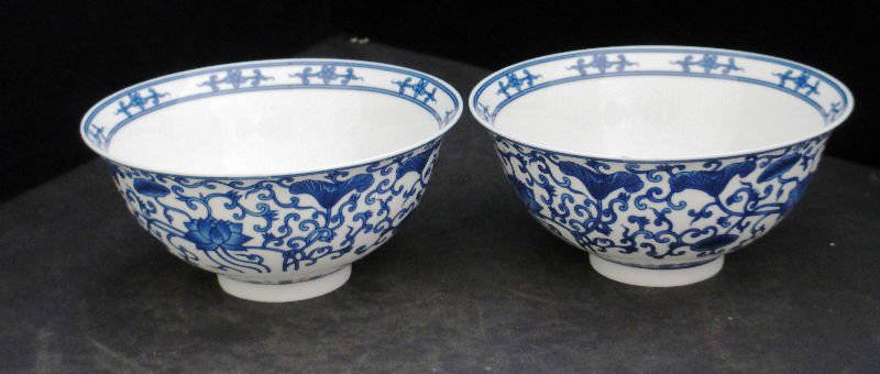 Two Chinese Porcelain Blue & White Rice Bowls