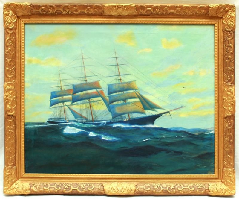Antique Oil On Canvas Three Masted Schooner