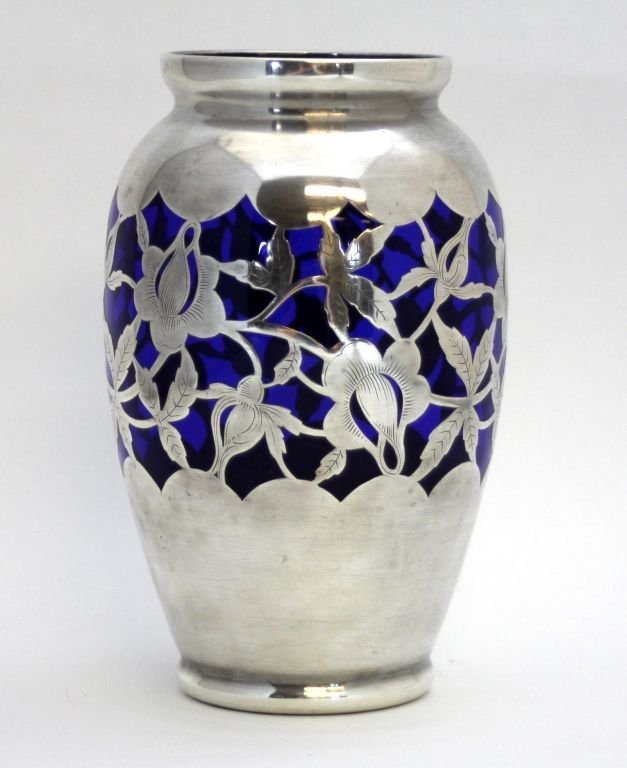 Antique Sterling Silver Overlay Cobalt Glass Vase