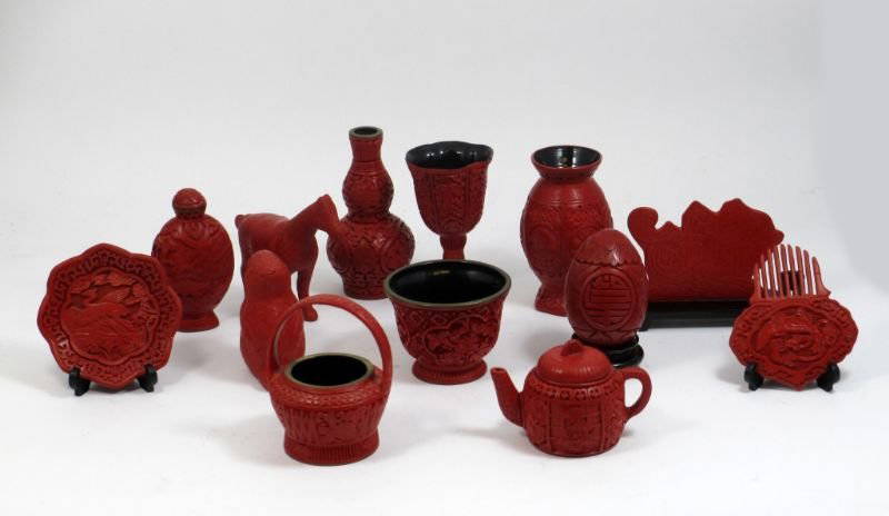 13 Chinese Cinnabar Items With Shadow Box Frame
