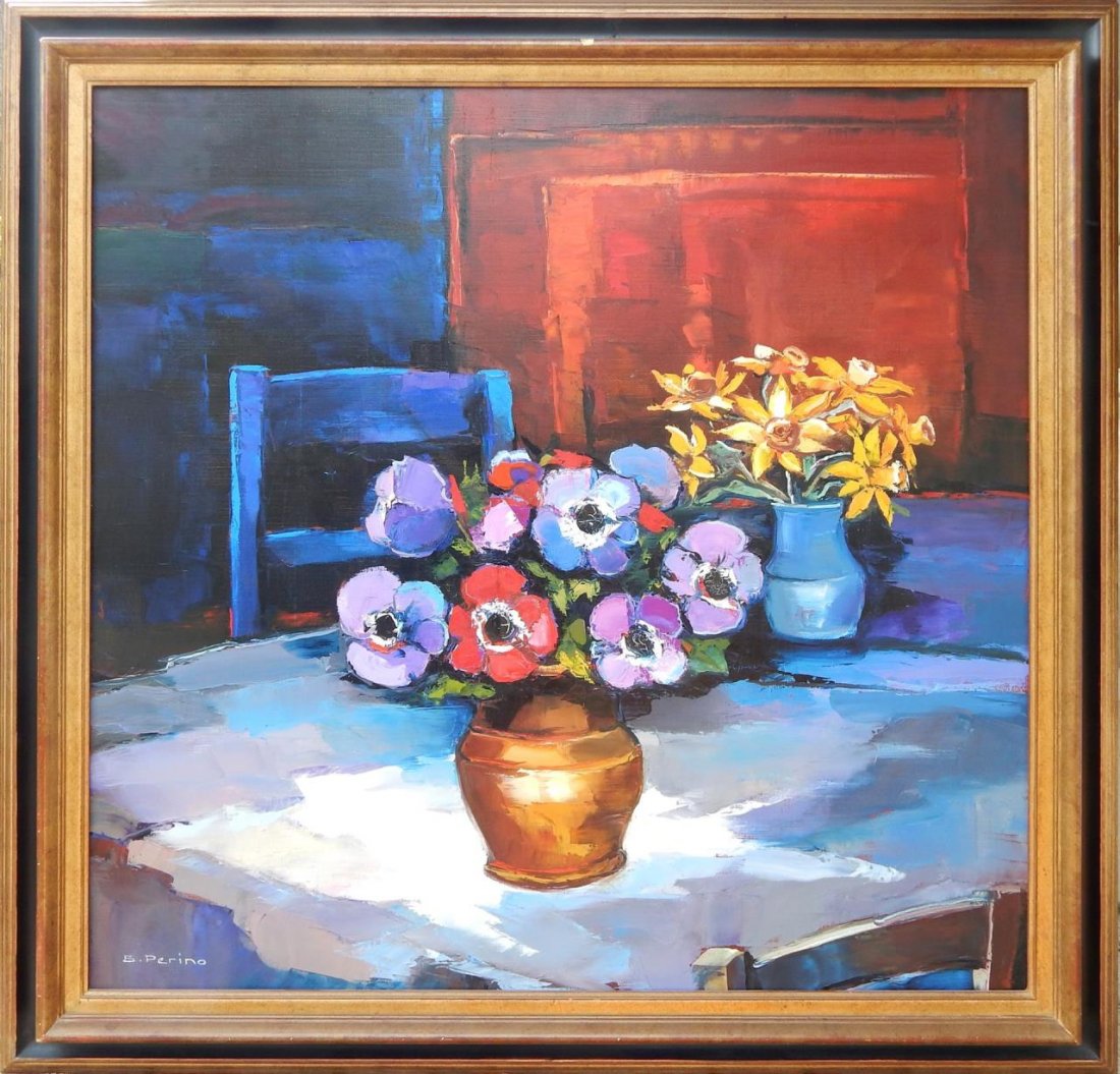 BRUNO PERINO OIL ON CANVAS 'ANEMONES ET JONQUILS'
