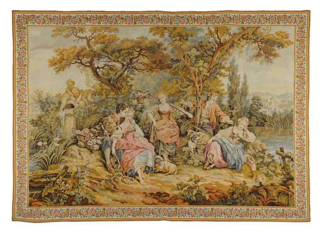 A FRENCH ROCOCO STYLE PASTORAL ARISTOCRATS TAPESTRY