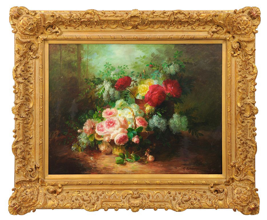 A ROCOCO STYLE NATURE MORTE PAINTING IN GILT FINISH
