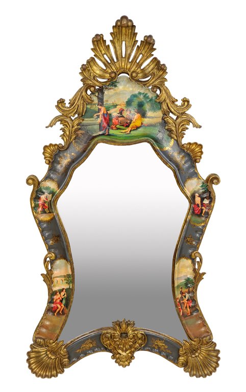 A VENETIAN ROCOCO STYLE PARCEL GILT AND PAINTED MIRROR