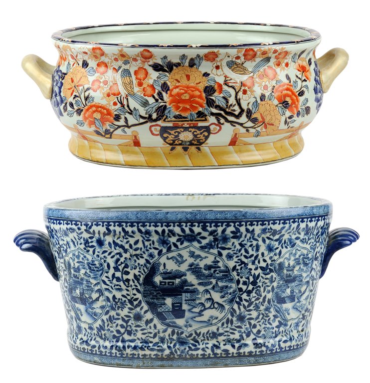 TWO DECORATIVE CHINESE STYLE PORCELAIN FOOT BATHS