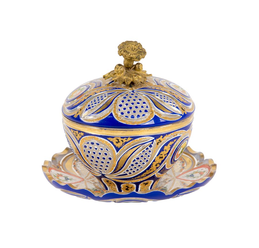 A BOHEMIAN GLASS CANDY DISH AND UNDERTRAY