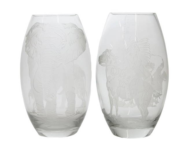 Two Perry Cole Etched Glass Vases