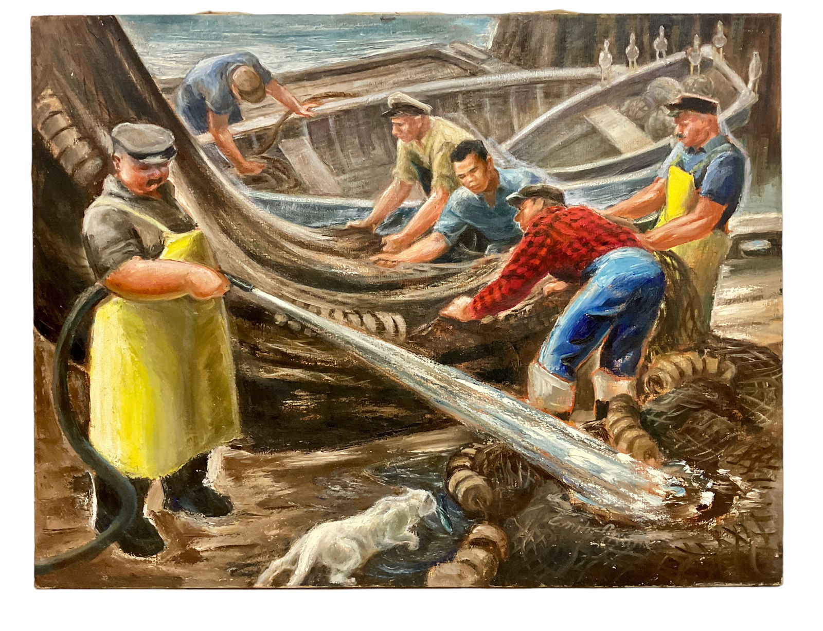 Oil On Canvas Of Fishermen By Emily Muir (1904-2003). Auction