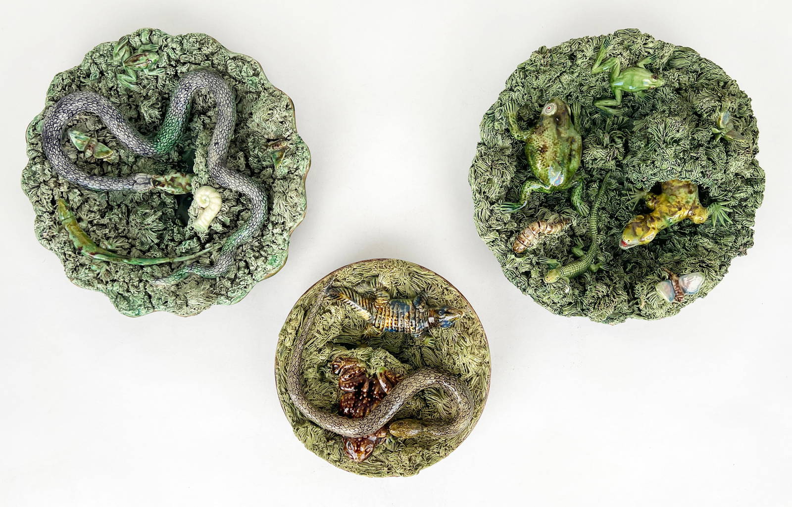 Three Palissy Majolica Reptile & Insect Chargers, Jose A. Cunha ...