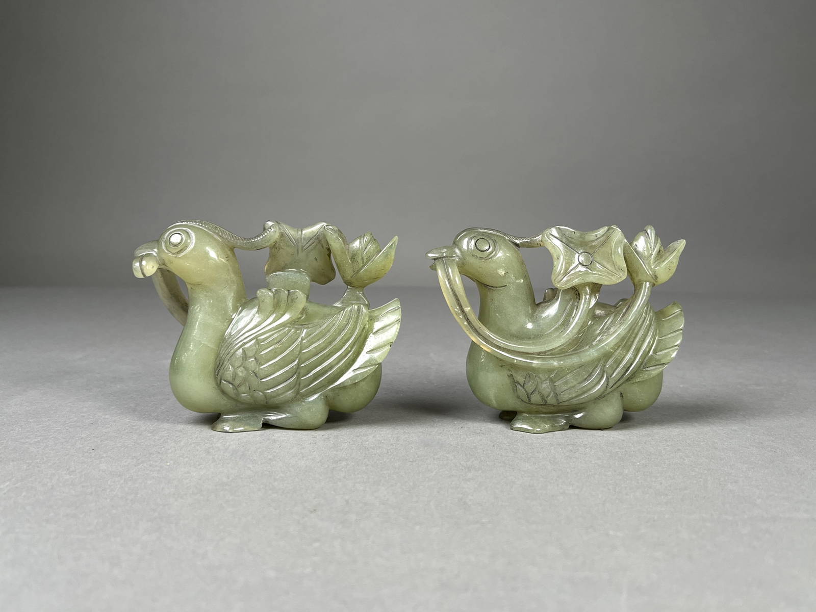 Pair Of Chinese Jade Ducks With Lotus Carvings Auction