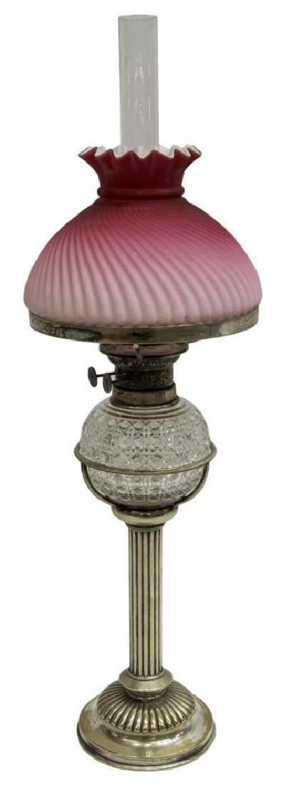 English Silverplate & Cut Glass Standing Oil Lamp