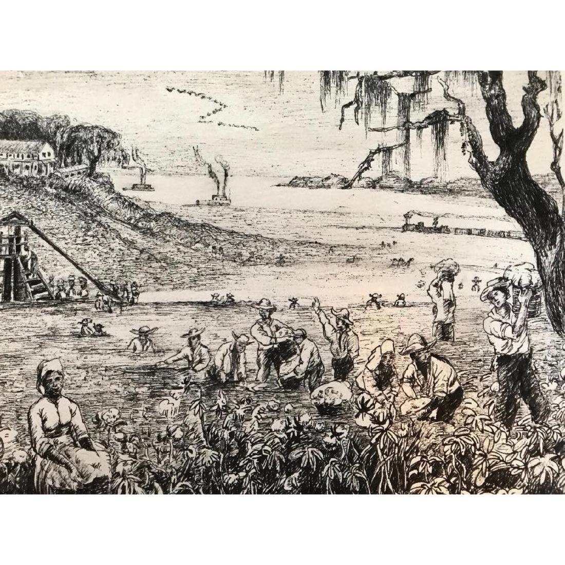 20thc Pen & Ink Sketch, 1800's Cotton Plantation Scene