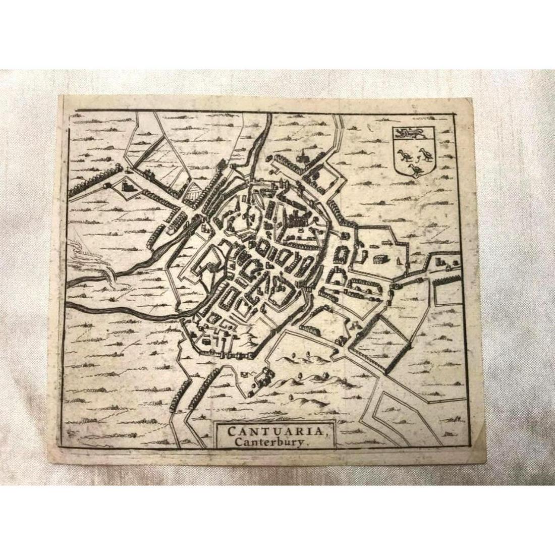 17thc Copper Engraving Map, Plan Of Canterbury City Auction