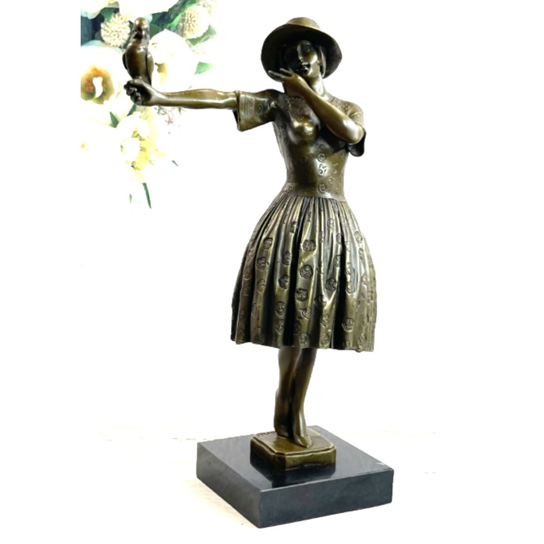 After Chiparus, Lady With Bird Bronze Sculpture Auction