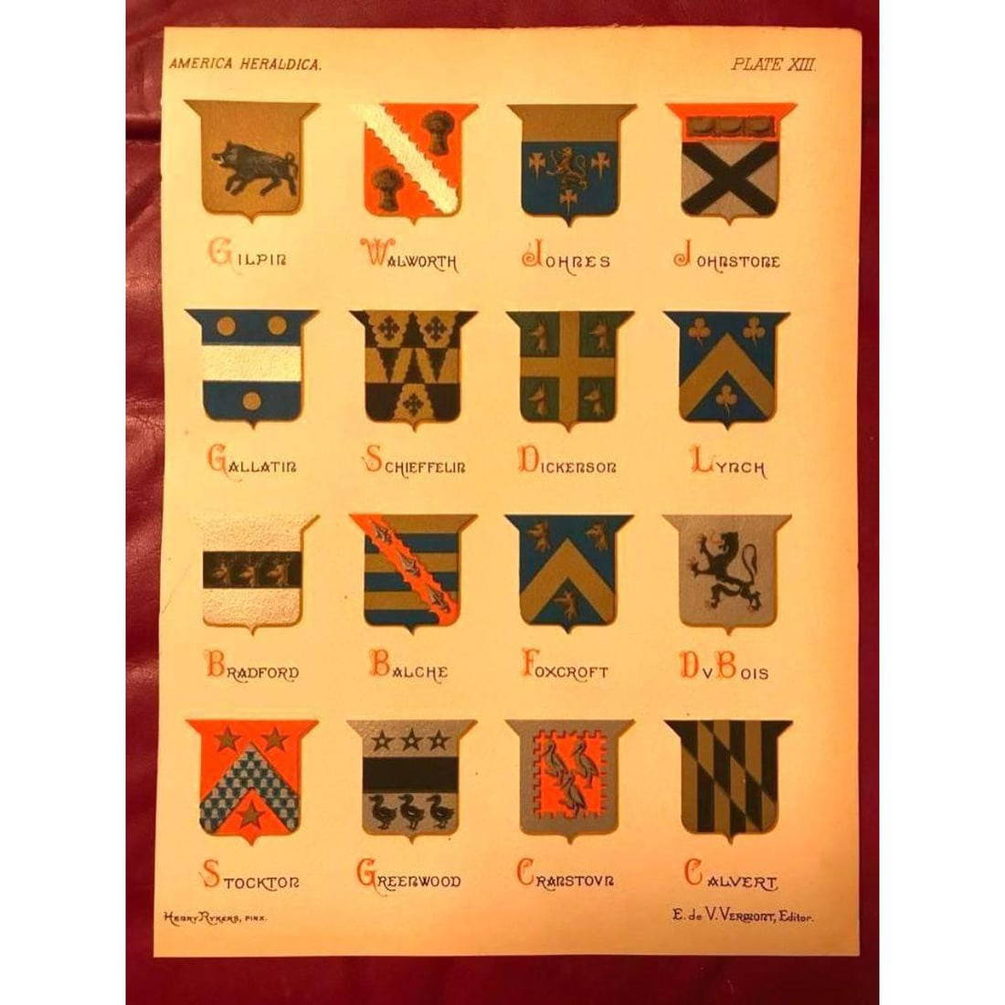 19thc Chromolithograph Coat Of Arms, Family Crests Book Plate Auction