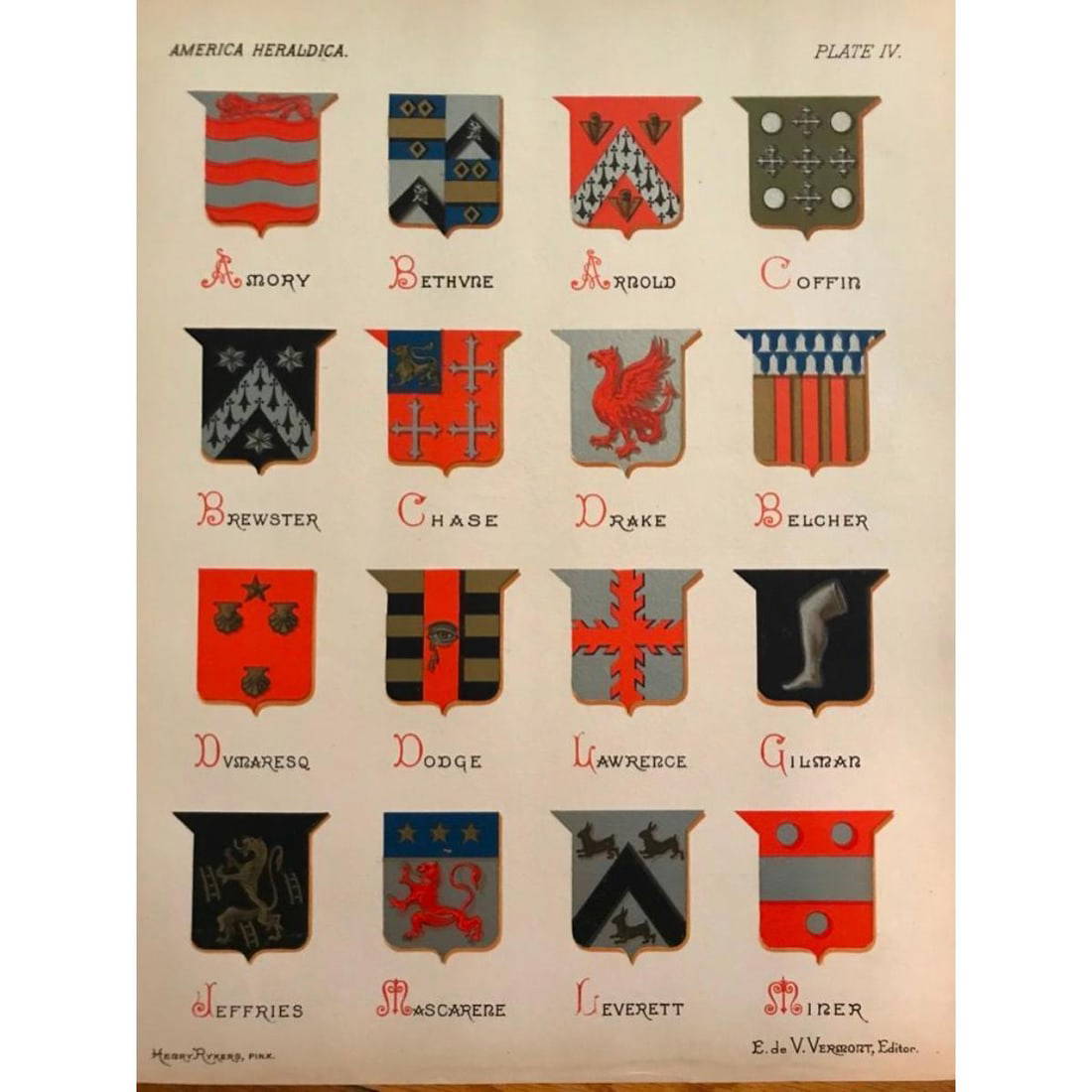 19thc Chromolithograph Coat Of Arms Family Crests Book Plate Auction