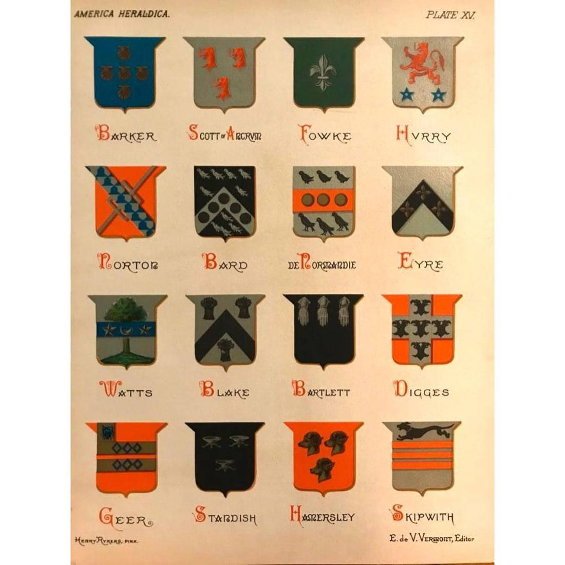 19thc Chromolithograph Coat Of Arms, Family Crests Book Plate Auction