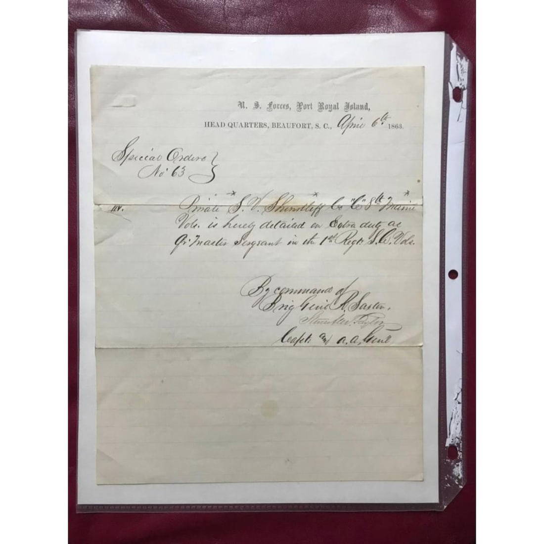 1863 Civil War Signed Special Orders, Brig Gen Rufus Saxton Auction