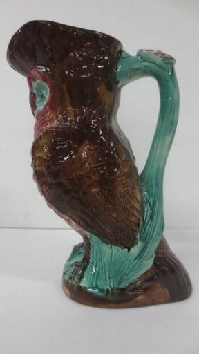 Large Owl Form Majolica Pitcher