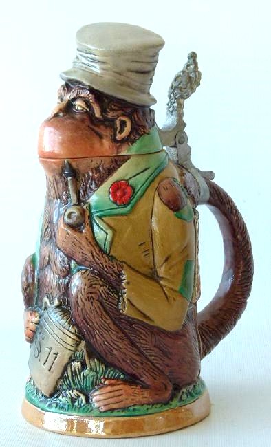 1/4 LITRE GERMAN CHARACTER STEIN MONKEY, 19/20TH C.