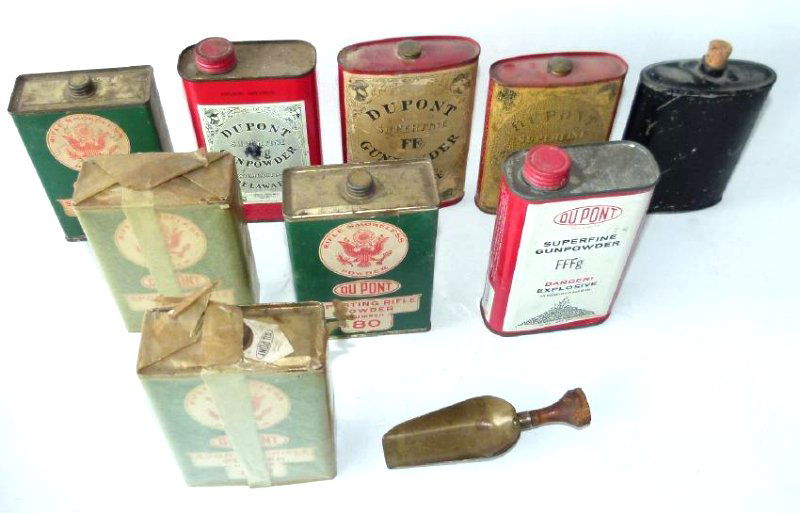 BOX LOT ASSORTED VINTAGE GUN POWDER CANS