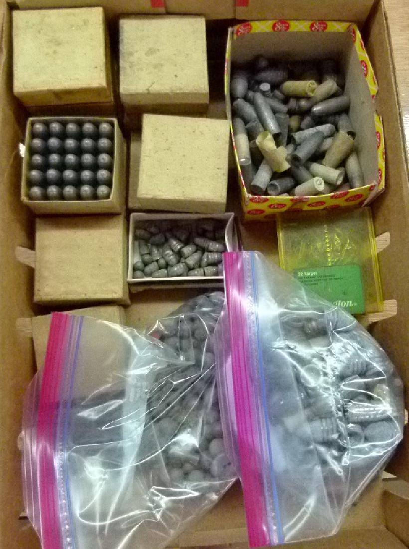 BOX LOT ASSORT AMMO INCL LEAD BULLET HEADS