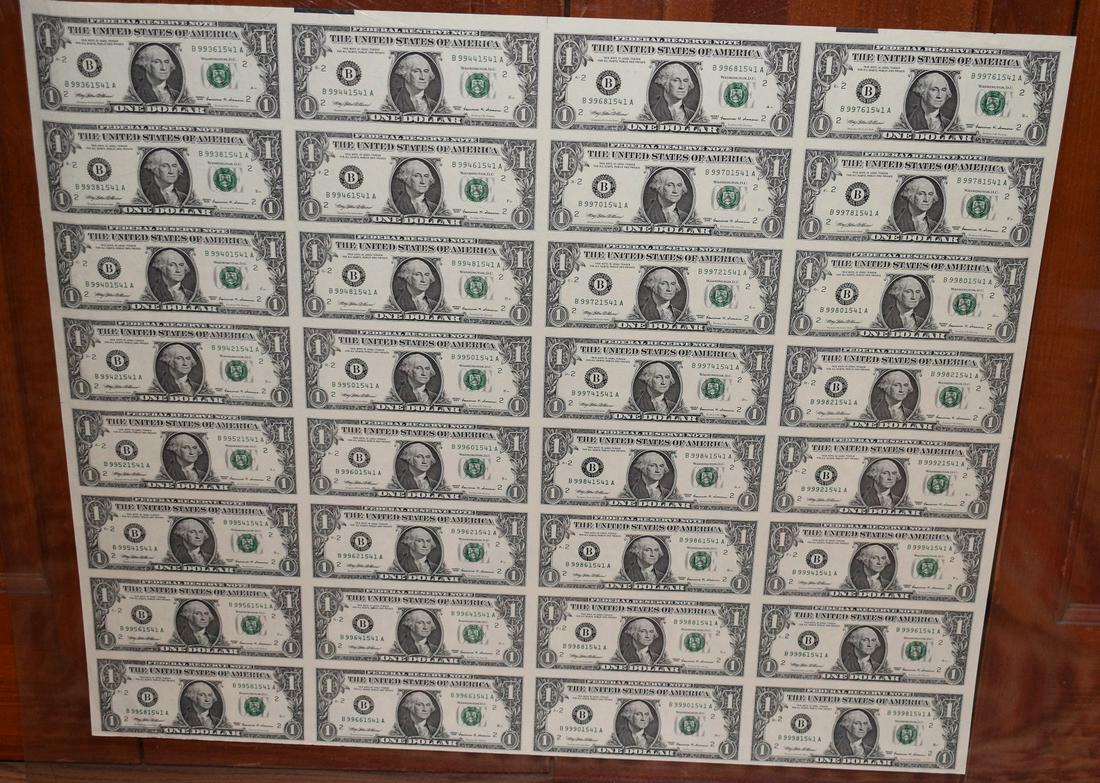 Large Un Cut Sheet One Dollar Bills, 36 Series, 1999