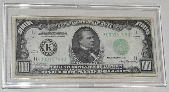 1934 $1000 Federal Reserve Currency Note Very Fine
