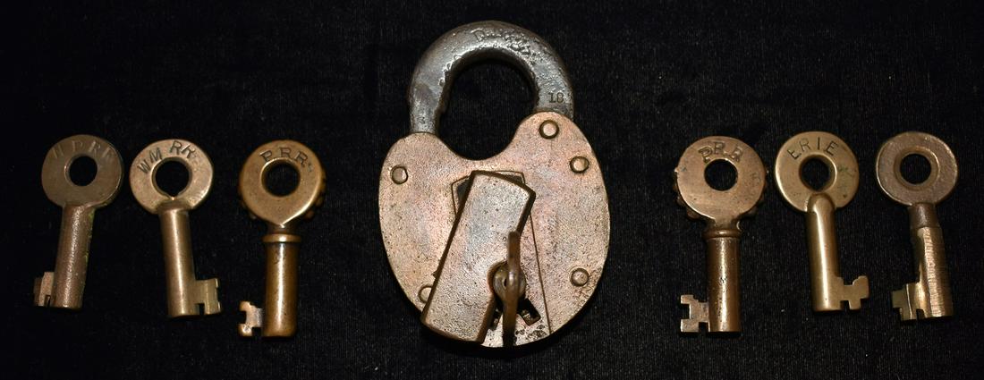 7 Early Brass Railroad Keys, Various Railroads, W/lock