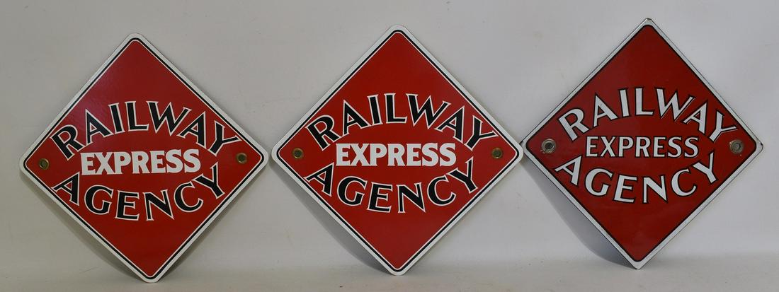 3 Vint. Railway Express Agency Porcelain Signs, C. 1950