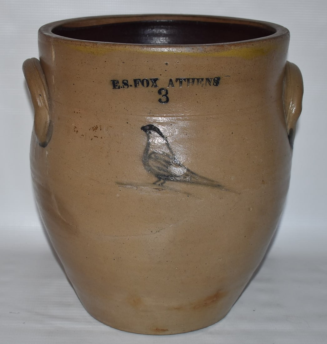 E.s. Fox 3 Gal. Salt Glazed Stoneware Crock W/bluebird Auction