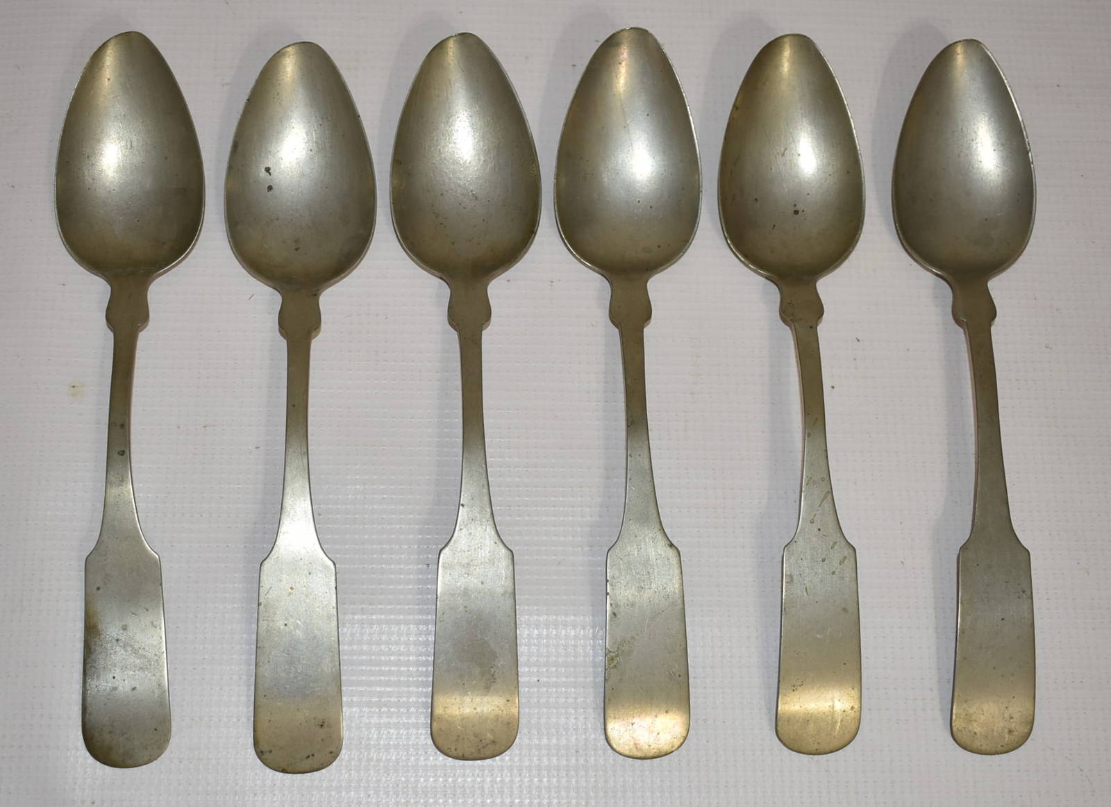 (6) Early Nickel Silver Soup Spoons Signed D. Pritchard Auction
