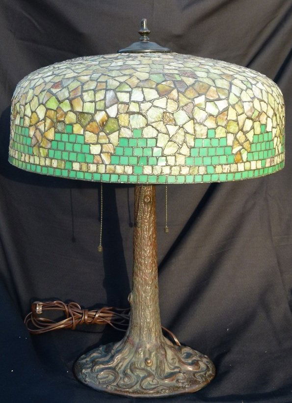SEMMER TABLE LAMP SLAG GLASS PINE TREE SHADE c.1915