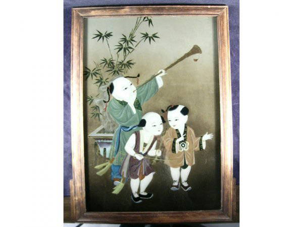 Japanese Reverse Painted Glass Screen