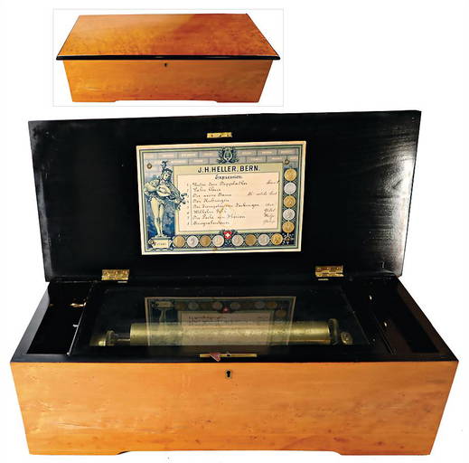 barrel music box, J.H. Heller, Berne, Switzerland, 11585, 55 cm x 22 cm ...