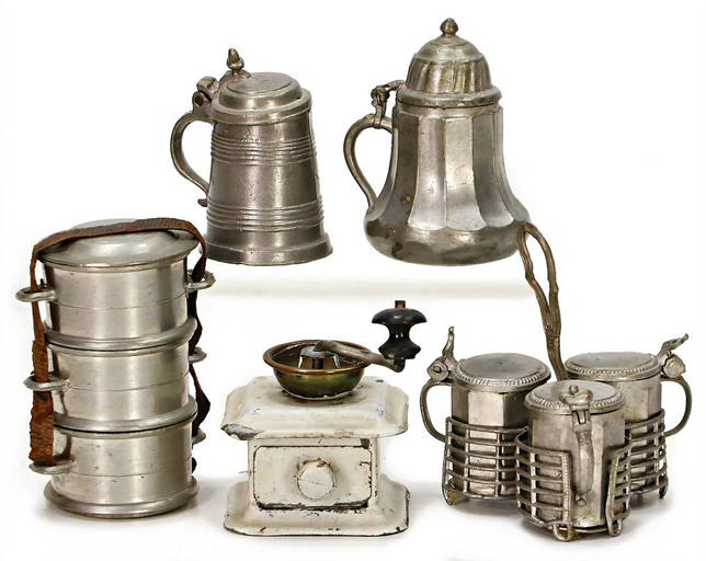 Meal Carrier, Tin, 6.5 Cm, Jug Holder With 3 Tin Jugs, 2 Tin Jugs With ...