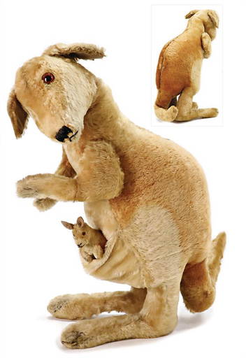 STEIFF kangaroo, Linda, with button, c. 1950, with baby, impressing ...