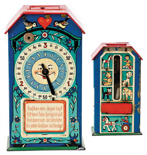 money box (money clock), chocolate machine, "Groschen rein, Zeiger lauf ...