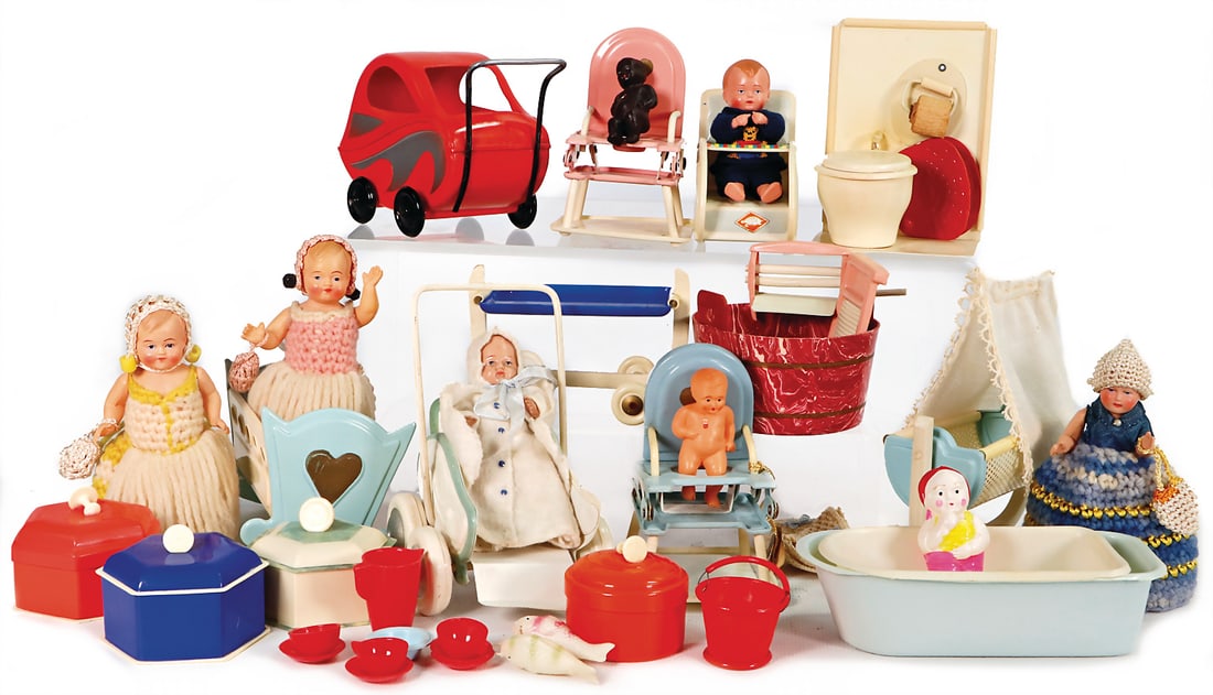 Fiedler & Podey Mixed Lot, Cradle, Bath Tubes, Chair, Tins, Dollhouse ...