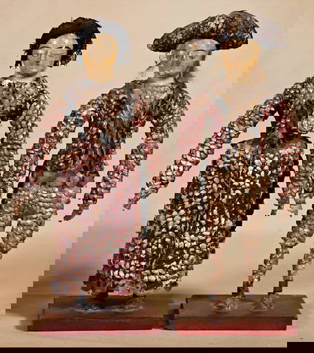 2 Early Papier Mâché Dolls, With Mussel Dress, C. 1820, 21 Cm, Man With ...