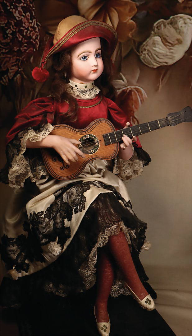 Jumeau Fancy Doll Automaton, Guitar Player, Bisque Porcelain Crank Head ...