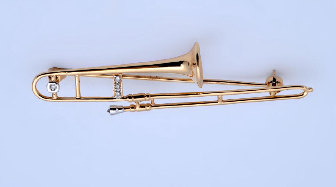14K DIAMOND TROMBONE BROOCH