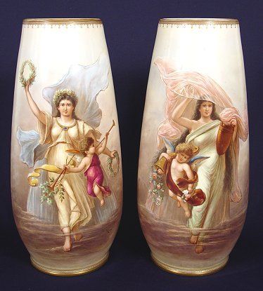 97: GERMAN PAINTED GLASS VASES JOSEPH AHNE CHERUBS